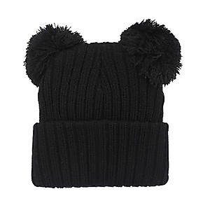 Toddler Girls Winter Beanie Hats with Pom Poms Warm Knit Baby Cap with Cute Mouse Ears Bowknot Black