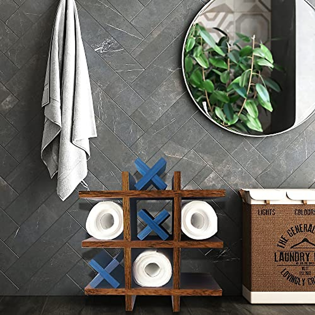 Tic-Tac-Toe Toilet Paper Holder Stand, Pine Wood Toilet Paper Tic-Tac-Toe Holder for Bathroom, Wooden Toilet Paper Organizer for Wall Mounted or Freestanding Bathroom Tissue Roll Storage Organizer