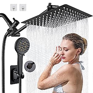 Rainfall Shower Head Combo, 12'' High Pressure Square Rain Shower with 6-Function Adjustable Spray Handheld with 13'' Extension Arm and 78'' Hose, Water Temperature Reminder, Matte Black, AWAXFOLO