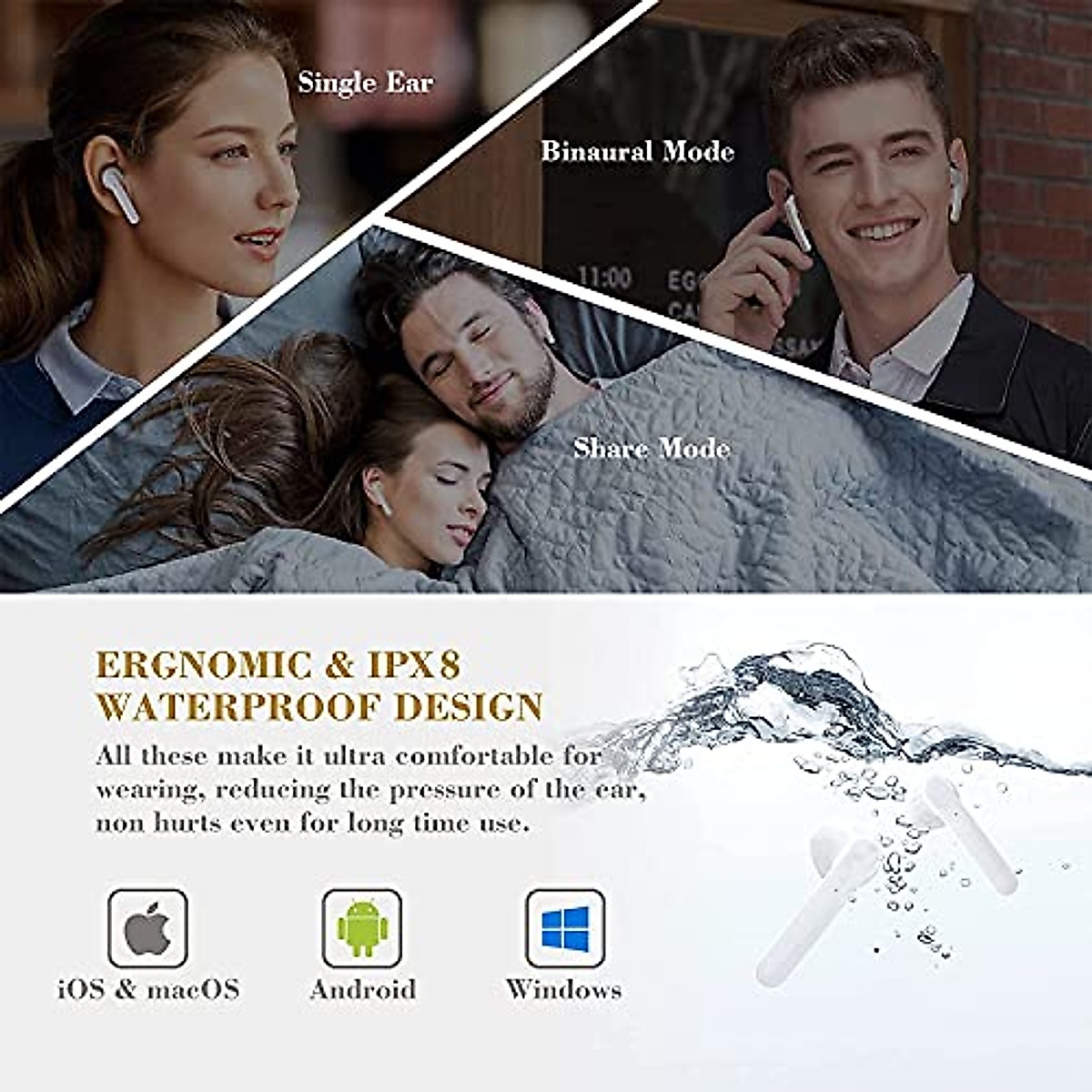 Wireless Earbud Bluetooth 5.0 Headphones Built in Mic in Ear Buds Noise Canceling 3D Stereo Air Buds Earbud Fast Charging, IPX8 Waterproof for Android/Samsung/iPhone - (White)