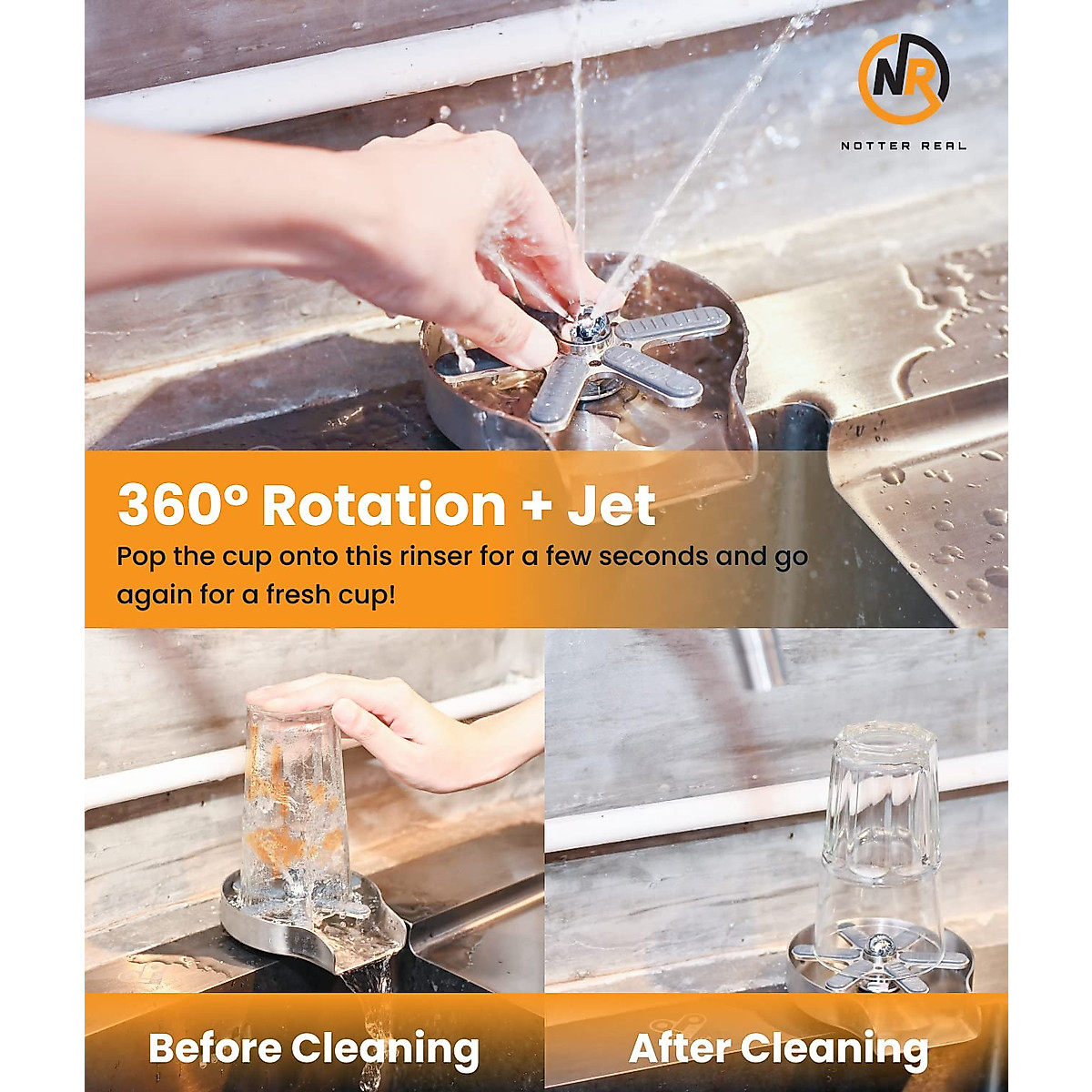 Notter Real Metal Glass Rinser Set for Kitchen Sink, Cup Cleaner, Powerful Spray Holes Metal Bottle Washer, High-Pressure Water, Compatible with Most U.S Sink, Stainless Steel Material