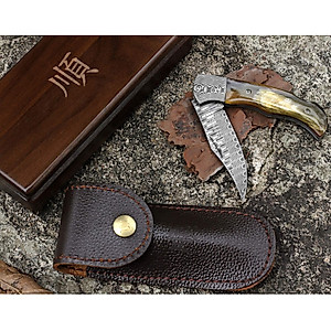 YOUSUNLONG Folding Knife - Overall 176mm - Japanese Damascus Steel Blade - Natural Bull Horn Handle with Leather sheath and natural walnut wooden knife box for camping hiking fishing