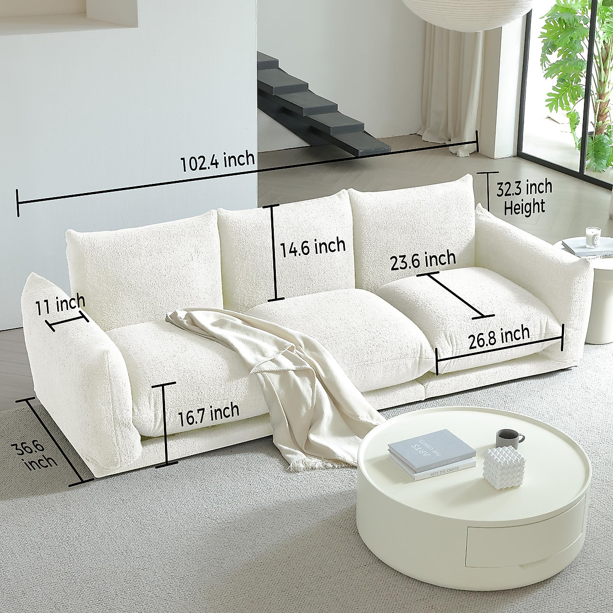 Luoxiao Modular Sectional Sofa 3 Seater Sectional Couch Luxury Modern Cloud Couch Oversized Convertible Sofa Fluffy Boucle Floor Sofa for Living Room, Apartment, White 3 Seater Seat