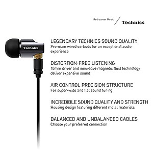 Technics Premium in- Ear Monitors IEM, High-Fidelity Wired in-Ear Earbuds Earphones with Innovative 10mm Driver for Ultra-Low Distortion - EAH-TZ700, Black/Gold