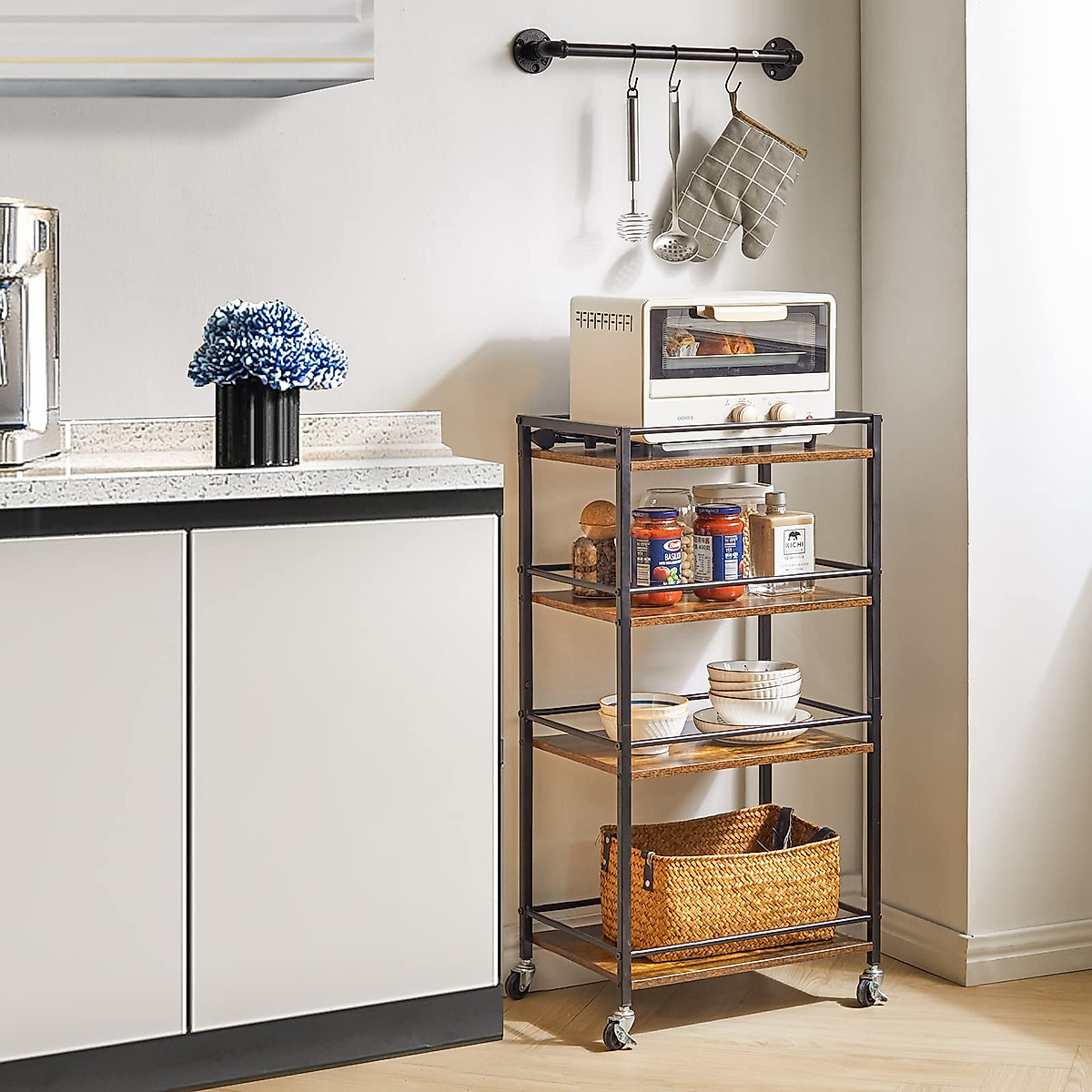 IBUYKE Industrial Bar Carts, Kitchen Storage Serving Cart, Mobile Kitchen Shelf，4 Tier Storage Cart for Bath, Kitchen, Bedroom, Living Room Rustic Brown and Black TMJ419H