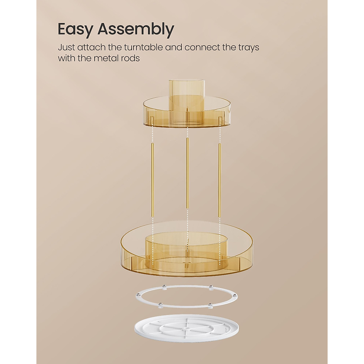 SONGMICS Makeup Organizer, 2-Tier Round Rotating Skincare Organizer, Extra Top Tray Included, Customizable, Large Capacity, Toiletries Vanity Organizer, Champagne Gold UJKA027A01