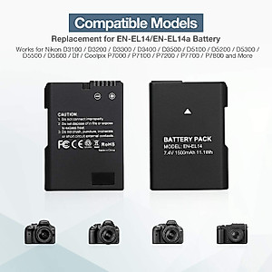 EN-EL14 EN EL14A Battery USB Charger and 2-Pack Rechargeable Batteries Replacement Compatible with Nikon D3100 D3200 D3300 D3400 D3500 D5100 D5200 D5300 D5500 D5600 DF Coolpix P7000 P7100 P7700 P7800