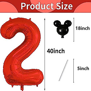 40 inch Red Number 2 Balloon Mini Mouse Head Balloon, Cartoon Mouse Birthday Party Supplies, 2th Birthday Decorations for Kids, Red Theme Party Decoration Supplies