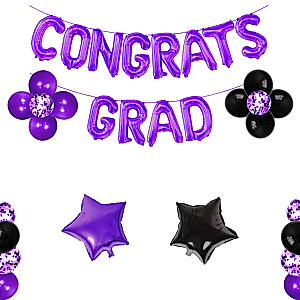 Purple Themed 2024 Graduation Decorations, Purple Congrats Grad Banner with Black Purple Latex and Fiol Star Balloons for Purple Congrats Grad Graduation Class of 2024 Party Decorations