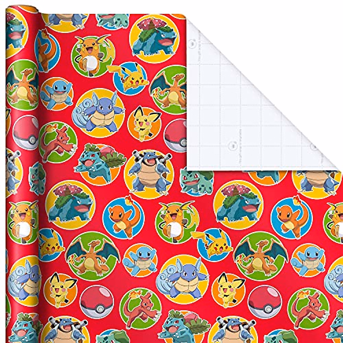 Hallmark Pokémon Wrapping Paper with Cutlines on Reverse (3 Rolls: 60 Sq. Ft. Ttl) with Pikachu, Charmander, Bulbasaur for Birthdays, Kids Parties, Gamers, Christmas Gifts