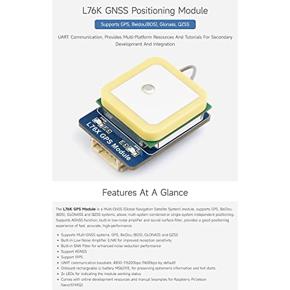 Waveshare L76K Multi-GNSS Module, Supports Multi-GNSS Systems Supports GPS/BeiDou(BDS)/GLONASS/QZSS, Compatible with Raspberry Pi/Pi Pico/Jetson Nano etc.