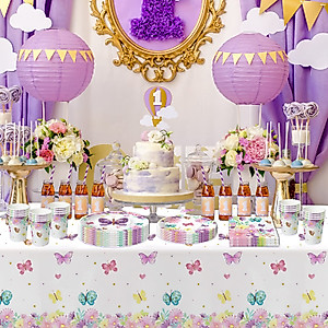 Xigejob Butterfly Party Decorations Tableware - Butterfly Birthday Party Supplies Include Plate, Cup, Napkin, Tablecloth, Cutlery, Straws, Butterfly Baby Shower Birthday Party Decorations | Serve 24