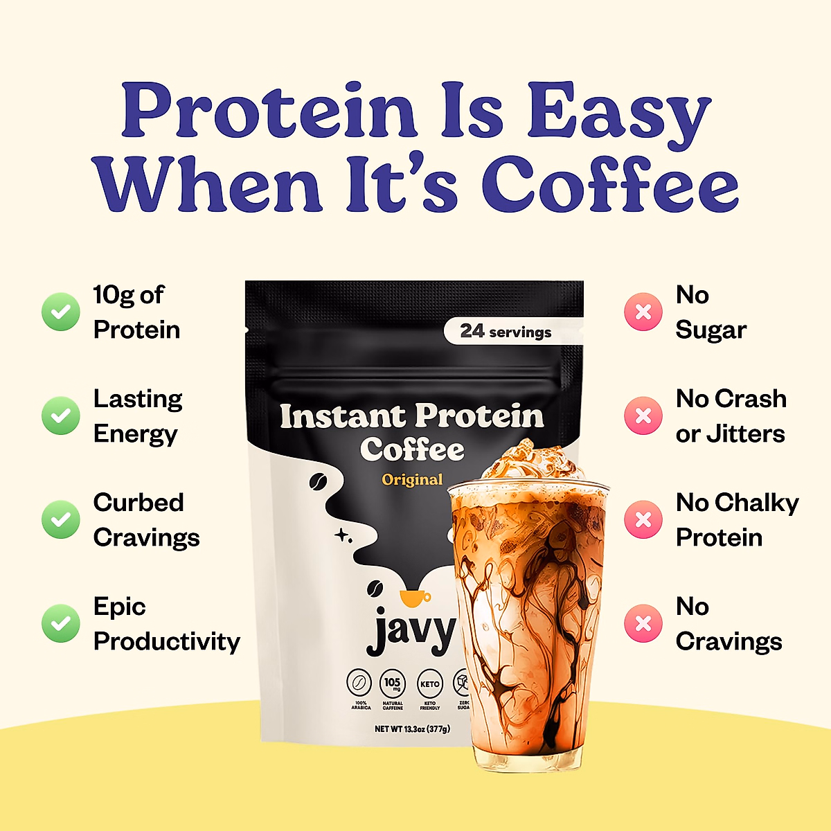 Javy Instant Coffee Protein Coffee - Premium Whey Protein & Instant Coffee - 100% Arabica Coffee - Zero Artificial Flavors & Sweeteners, 24 Servings