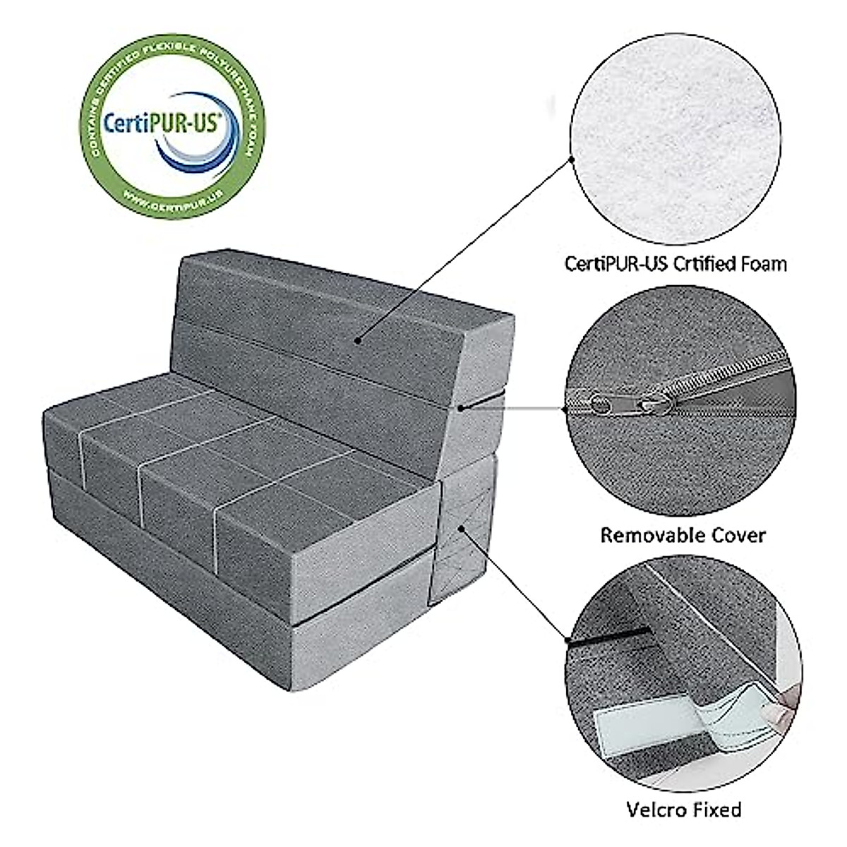 YENING Folding Sofa Bed Twin Size for Small Rooms Fold Out Foam Couch Convertible Bed for Adults Foldable Futon Chair Beds Sleeper, Grey