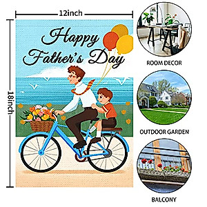 WODISON Happy Father's Day Garden Flag, Father Son Floral Bicycle Balloon 12 x 18 Inch Vertical Double Sided Burlap Welcome Flag, Outdoor Decoration For Yard Home Father's Day Gift ​(ONLY FLAG)