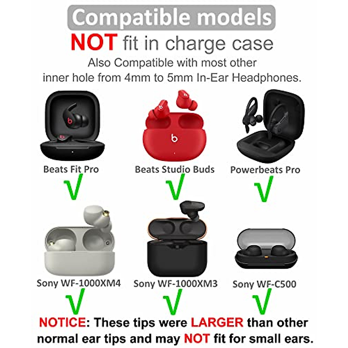 9 Pairs Compatible with Beats Studio Buds + / Fit Pro/WF-1000XM5 / WF-1000XM4 Triple Flange Ear Tips, Noise Reduce Silicone with 4mm Connector Hole Fit for Most 4mm - 5mm in-Ear Earphones - Black