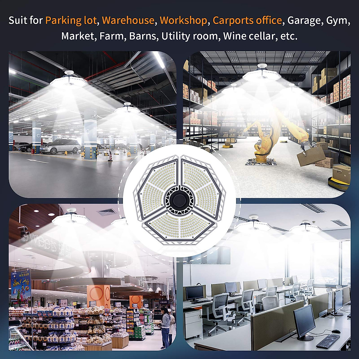 KERNOWO 2 Pack LED Garage Light, 140W 18500 Lumens Garage Lighting, 6000K Daylight with Deformable Three Panels Garage Ceiling Light Fixture E26/E27 Triple Glow LED Shop Light for Basement Workshop