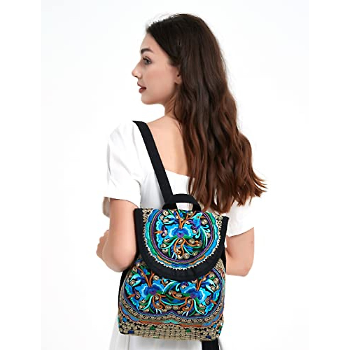 surrylake Vintage Embroidered Women Backpacks Boho Backpack Purse Ethnic Travel Shoulder Bag for Women Young Girls