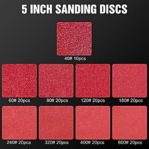 Pukamam 170 Pcs 5 inch Sanding Discs 40 60 80 120 180 240 320 400 600 Grit 8 Hole Hook and Loop Round Sandpaper for Random Orbital Sander