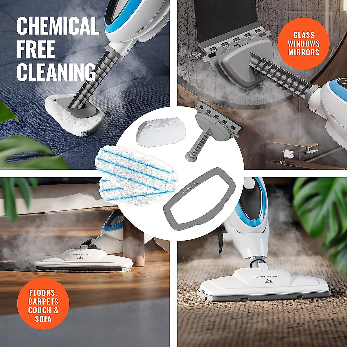 PurSteam Steam Mop Cleaner 10-in-1 with Convenient Detachable Handheld Unit, Laminate/Hardwood/Tiles/Carpet Kitchen - Garment - Clothes - Pet Friendly Steamer Whole House Multipurpose Use