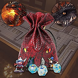 Dice Bag Can Hold 6 Dice Sets, Glow in The Dark Eyes Large Dragon D and D Dice Storage Bag for DND Board Games, Red Fiery Dragon Leather Coin Pouch for Fantasy RPG Games Accessories, Drawstring Pouch