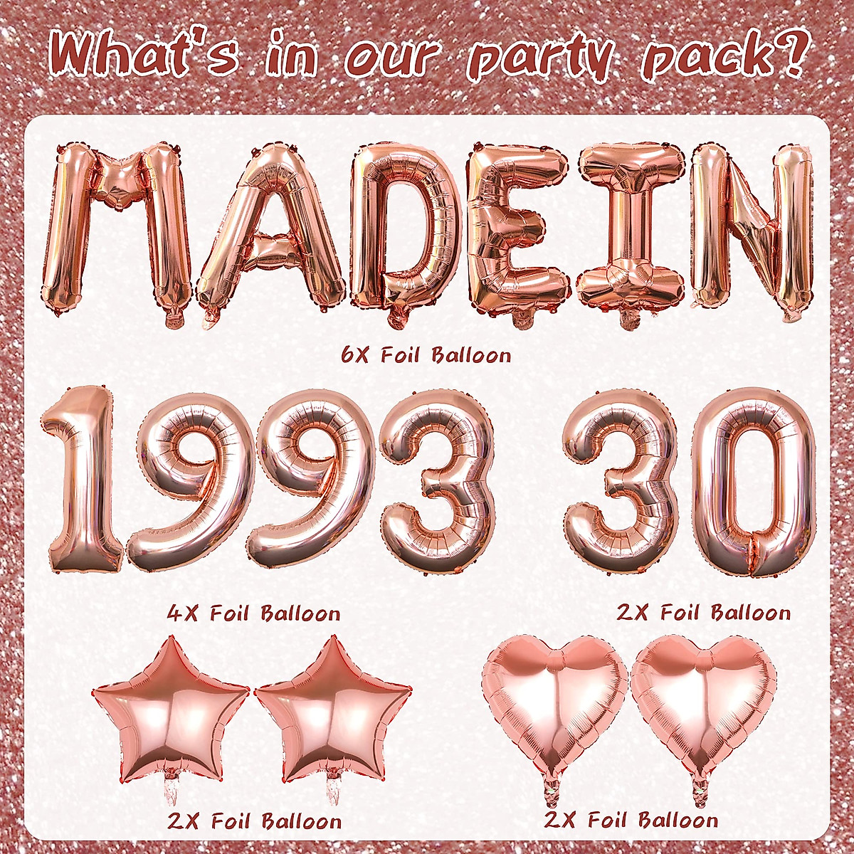 30th Birthday Decorations for Women, Rose Gold Birthday Party Decor, Large 30th balloons, Made in 1993 Balloon Banner Set, Happy Birthday Theme Party Supplies for Women Girl (30th)