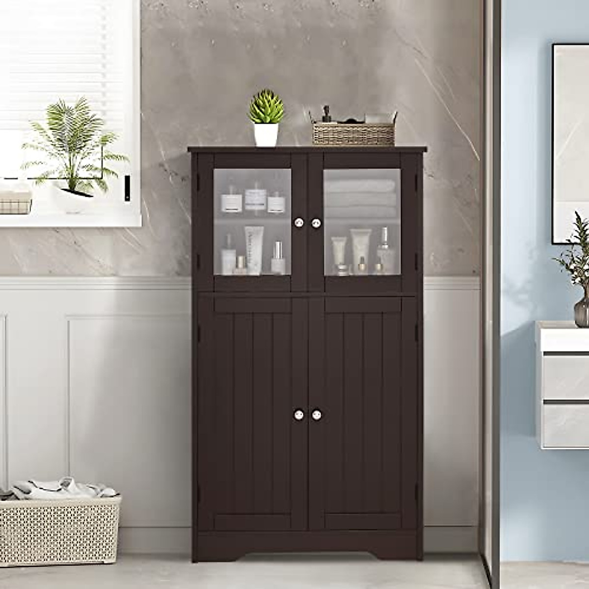 Iwell Bathroom Storage Cabinet, Linen Cabinet with Glass Doors & Adjustable Shelf, Freestanding Storage Organizer for Living Room, Home Office, Bathroom, Brown