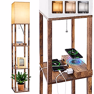 Dott Arts Floor Lamp with Shelves, Shelf Lamp with Wireless Charger & USB A+C Ports & 2 AC Outlets,3 Color Temperature Corner Brown Tall Standing Floor Lamps for Living Room, Bedroom, Office (Wood)