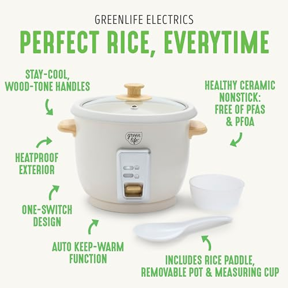 GreenLife 6-Cup Rice Cooker Steamer, PFAS Free Removable Ceramic Nonstick Pot, Auto Presets, Wood Print Handle, Keep Warm Function, One Touch Design, Dishwasher Safe, Measuring Cup, Rice Paddle, Cream