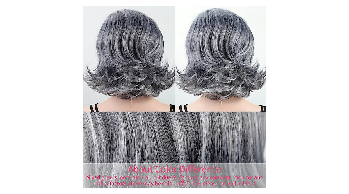 RENERSHOW Grey Wavy Bob Wig for Women - Natural Short Curly Synthetic Hair