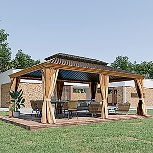 GAZEBEST 14' X 20' Hardtop Gazebo Outdoor Aluminum Patio Gazebo Double Roof Galvanized Steel Gazebo Canopy Wooden Finish Coated with Netting and Curtains,for Garden Patio,Patio Backyard,Deck and Lawns