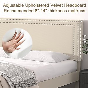 VECELO Queen Size Platform Bed Frame with Height Adjustable Upholstered Headboard, Modern Mattress Foundation,Strong Wood Slat Support, No Box Spring Needed, Easy Assembly
