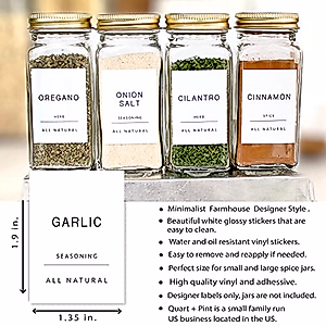 Quart + Pint 140 Glossy Spice Jar Labels: Minimalist White Sticker Black Text. Waterproof Stickers. Organization for Jars Bottles Containers Bins. Storage Rack Systems for Kitchen & Pantry Labels.