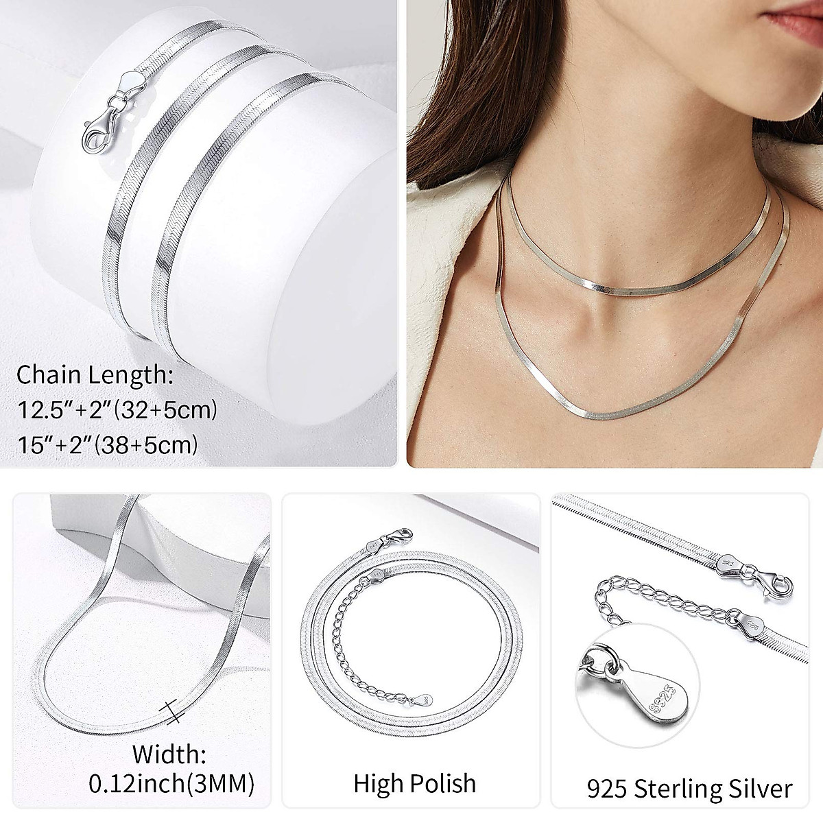 ChicSilver 925 Sterling Silver Herringbone Necklace for Women 3MM White Gold Plated Flat Snake Chain Choker Necklace Fashion Dainty Silver Snake Calvice Chain Short Necklace 12.5 Inch