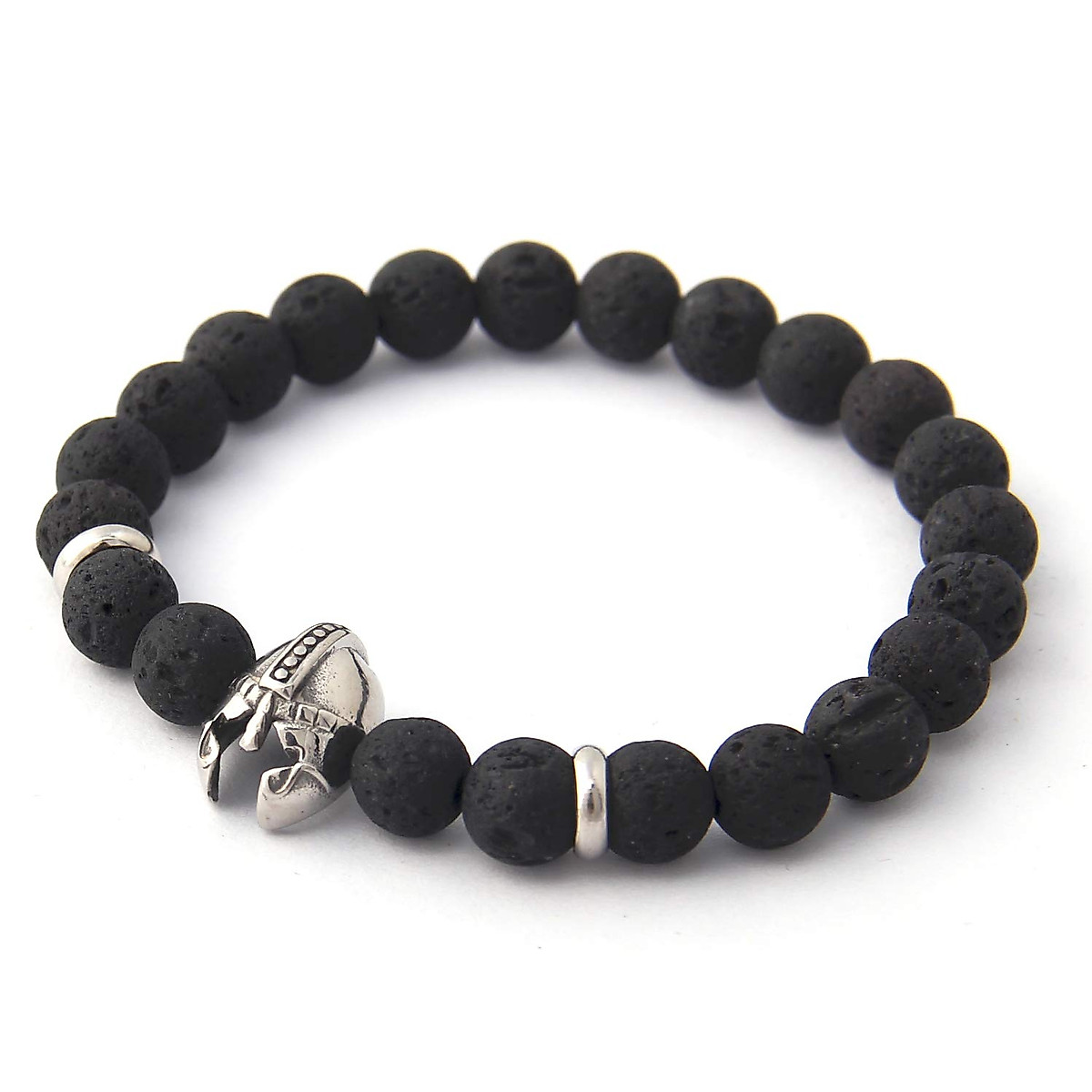 BAVIPOWER Set Rune Bead Bracelet and Viking Warrior Helmet Lava Rock Volcanic Stone Bead Elastic Adjustable Bracelet Bangle (Black)