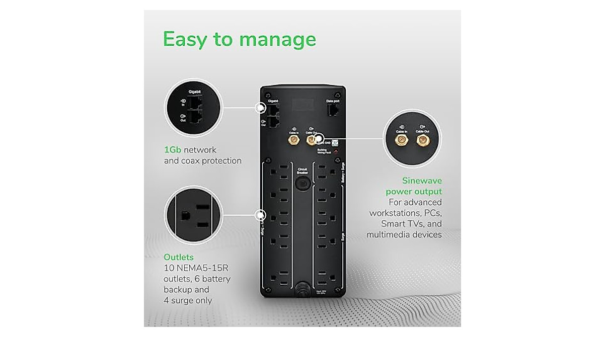 APC UPS 1000VA Sine Wave Backup with Surge Protection and USB Charging