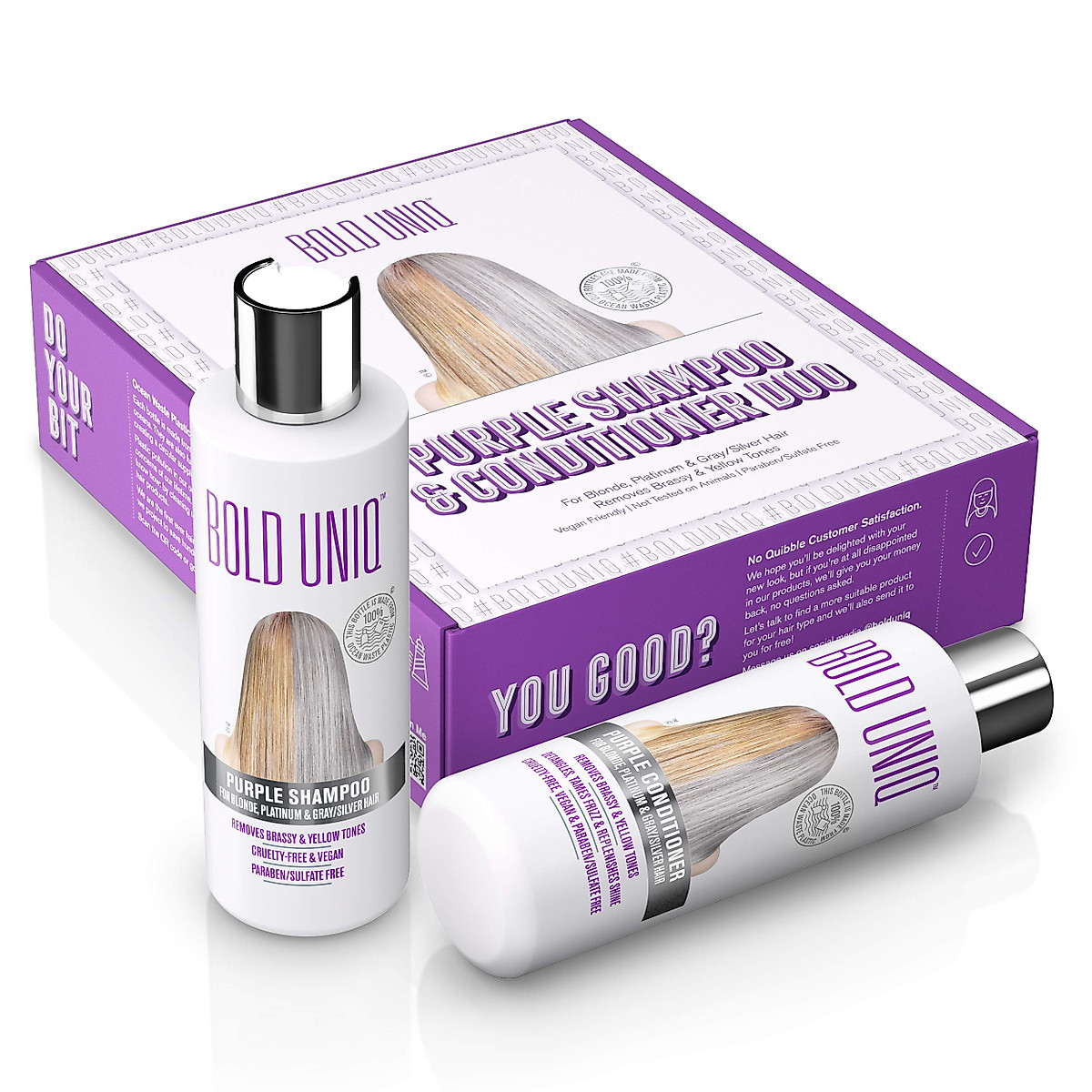 Bold Uniq Purple Toning Shampoo & Conditioner Set - For Blonde, Platinum, Ash, Bleached, Grey, Ash & Silver hair - Eliminates Brassy, Yellow Tones - Vegan, Paraben & Sulphate Free - 8 Fl Oz Each