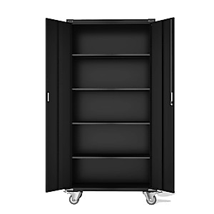 Aobabo Locking Metal Cabinet w/Wheels, Shelves, Utility & Garage Storage, 72”, Black