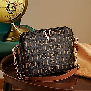 LAORENTOU PVC Leather Monogram Handbags for Women Small Signature Crossbody Bags Women's Shoulder Bags Faux Leather Checkered Bag (Brown)