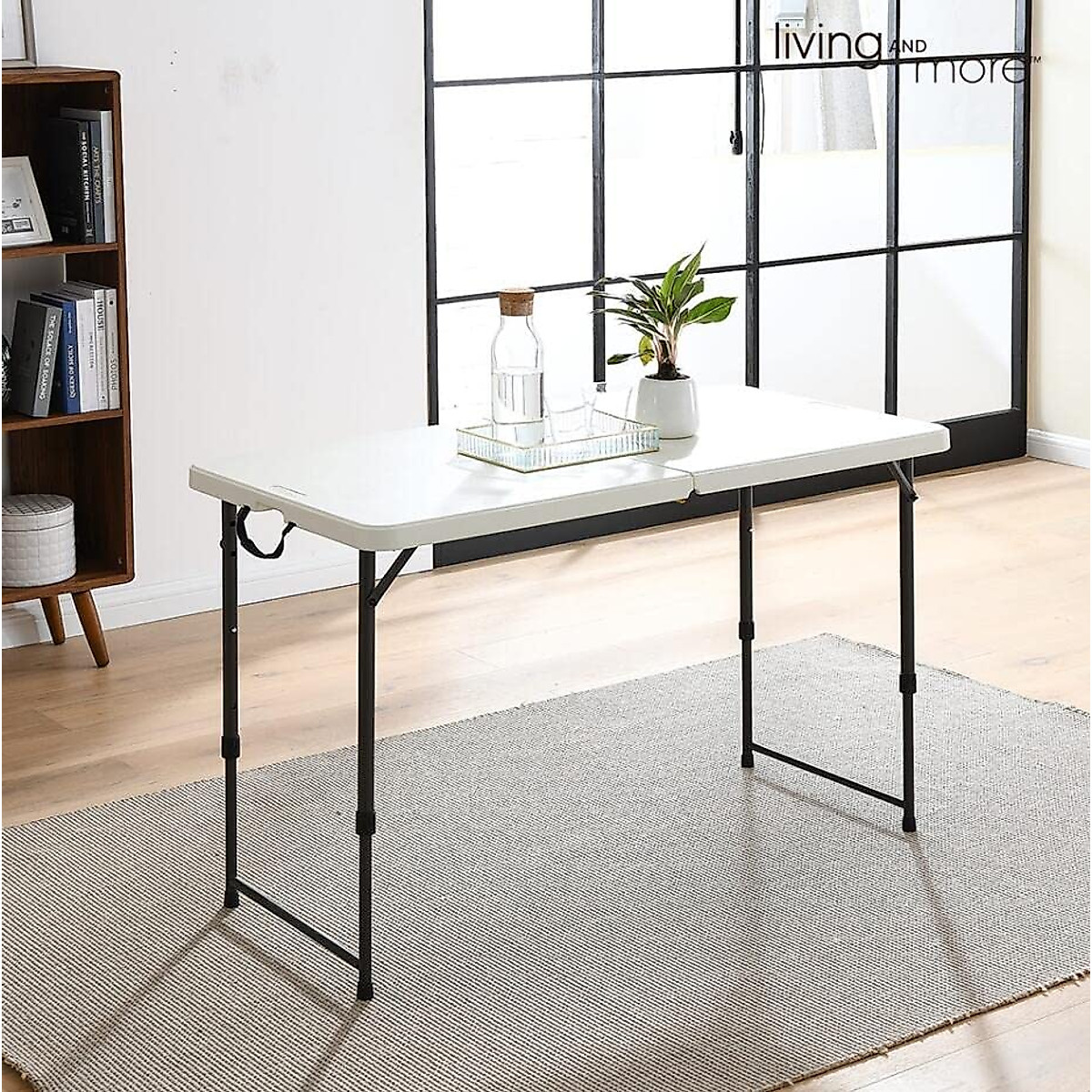 Living and More 4 Foot Height Adjustable Fold-in-Half Table with Carrying Handle, Easy Folding and Storage, Indoor Outdoor Use, White