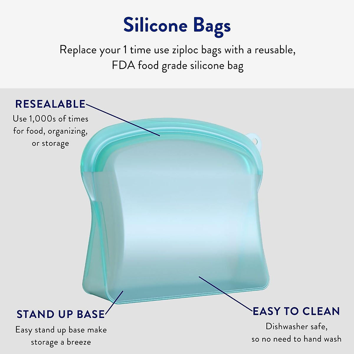 The Clean People Reusable Silicone Storage Bag, Food Storage Container, Microwave and Dishwasher Safe, Leak-free, Medium & Large, Green 3 Pack Set