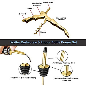 WAFJAMF Professional Waiter Corkscrew Wine Opener & Liquor Bottle Pourer Set w/Foil Cutter and Cap Remover, Stainless Steel Double Hinged Wine Key for Servers, Waiters, Bartenders(Gold)