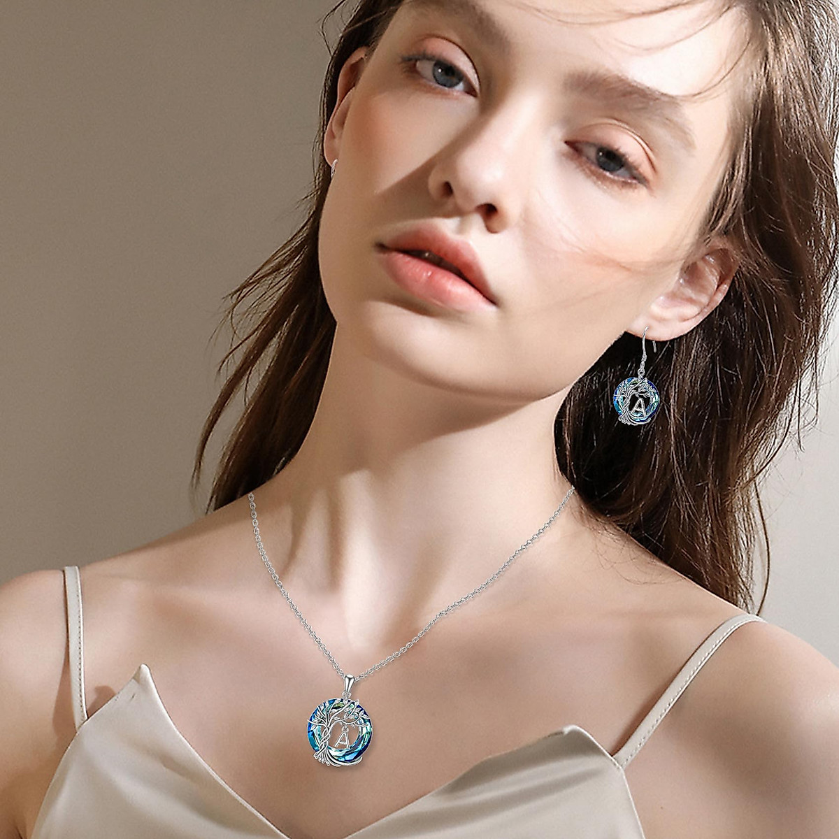 TOUPOP Necklace for Women Tree of Life Initial Necklace 925 Sterling Silver Initial A Letter Pendant Blue Circle Crystal Jewelry Anniversary Birthday Christmas Gifts for Women Wife Mom
