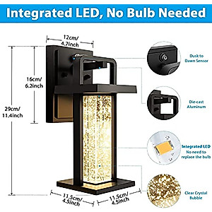 VDKK Modern Outdoor Wall Light Fixture,Dusk to Dawn Wall Mount for House with Bubble Crystal Glass,Black Front Porch Lights Waterproof 10W 480LM Integrated Sconce,3000K for House Patio