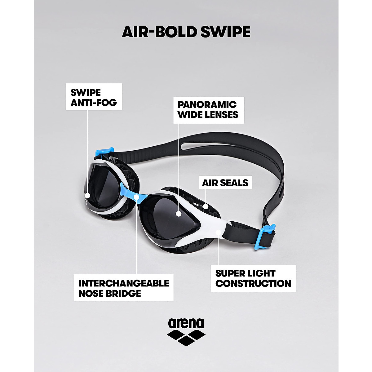 ARENA Unisex Adult Air-Bold Swipe Anti-Fog Training Swim Goggles for Men and Women Cushioned Seals Superior Comfort Non-Mirror Lens, Smoke/Dark Olive/Black