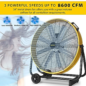 VENTISOL 24 Inch Industrial Floor Drum Fan, 8600 CFM Heavy Duty Floor Fan 3-Speed Air Circulator with Castors, High Velocity Commercial Shop Fan for Warehouse, Basement, Facotry, Barn, Garage