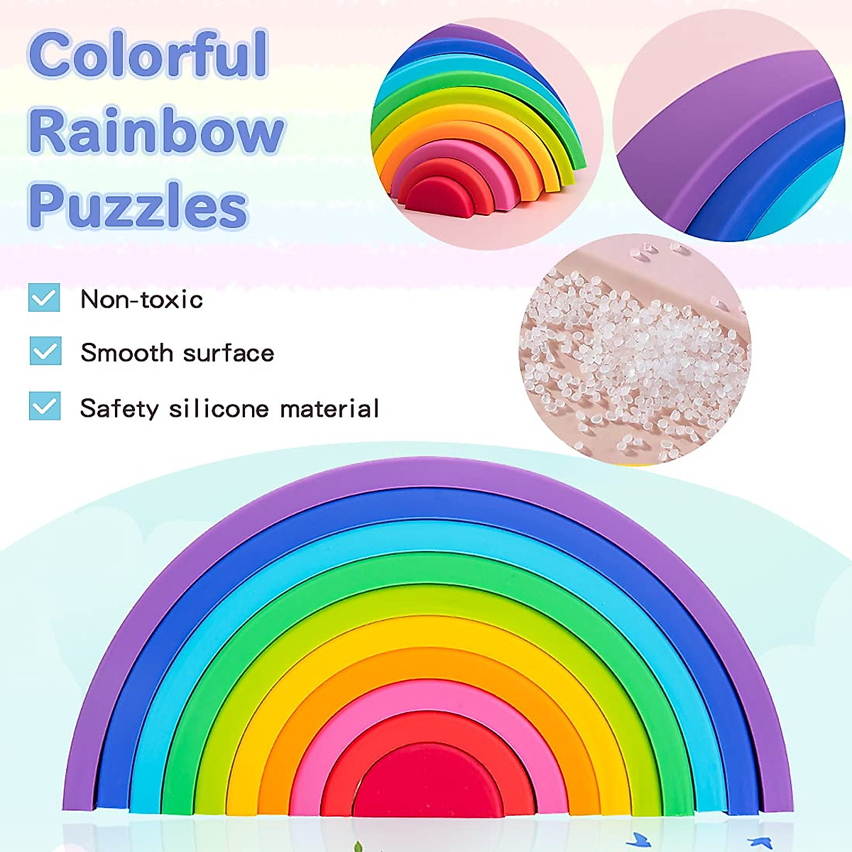 let's make Rainbow Stacking Toy Baby Silicone Stacker Building Blocks Arch Shape Nesting Puzzle Montessori Toy 3 Years Early Development Sensory Toy (6Pcs)