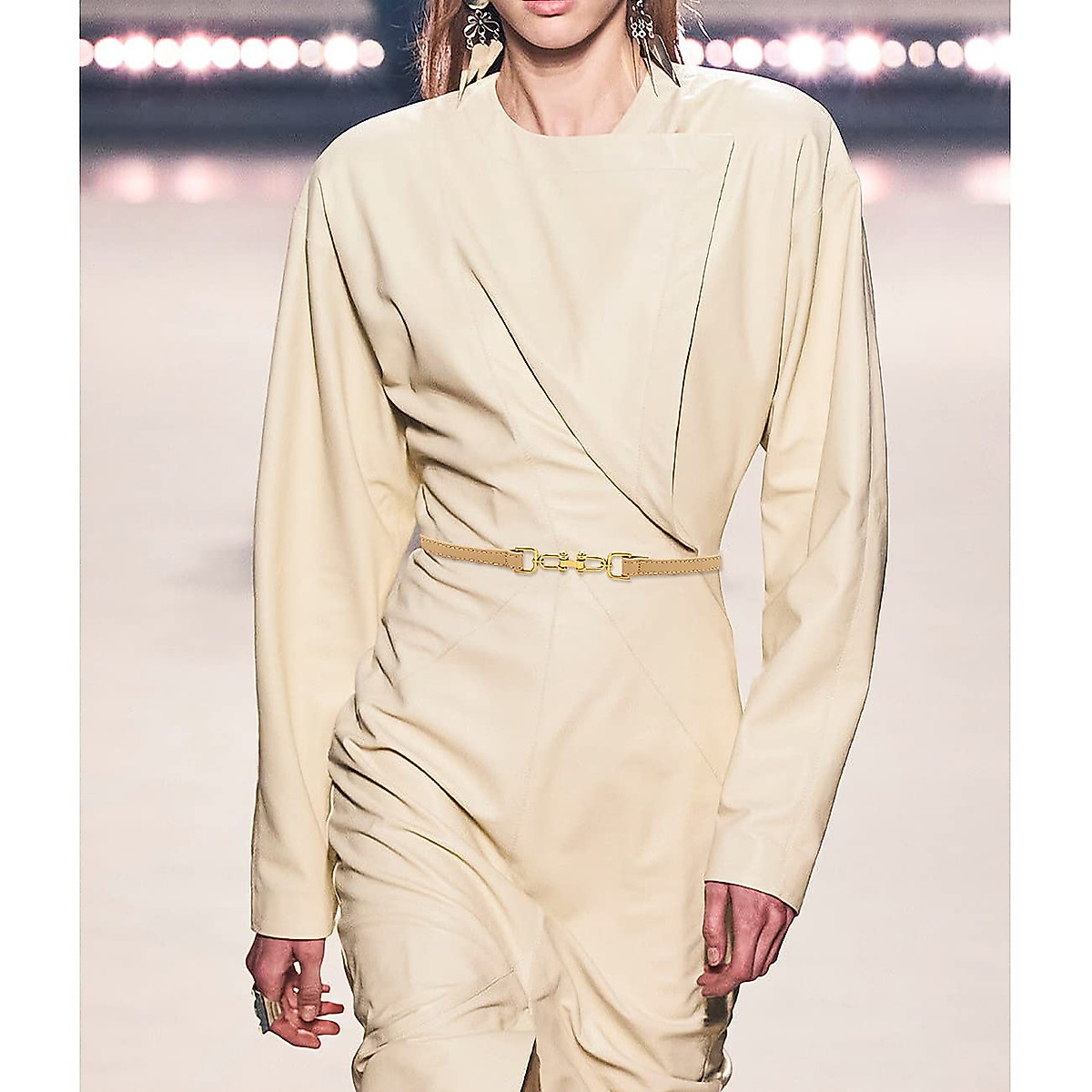 BAOKELAN Skinny Leather Belts for Women Slim Waist Belt Patent Leather with Gold Buckle for Dress Apricot 100CM