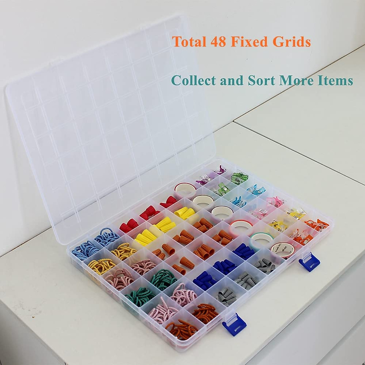 BangQiao 2 Pack Fixed 48 Grids Clear Plastic Divider Storage Box, Transparent Organizer Container Case for Bead, Button, Jewelry, Diamond, Craft, Small Parts, Sewing Kit，DIY Accessories