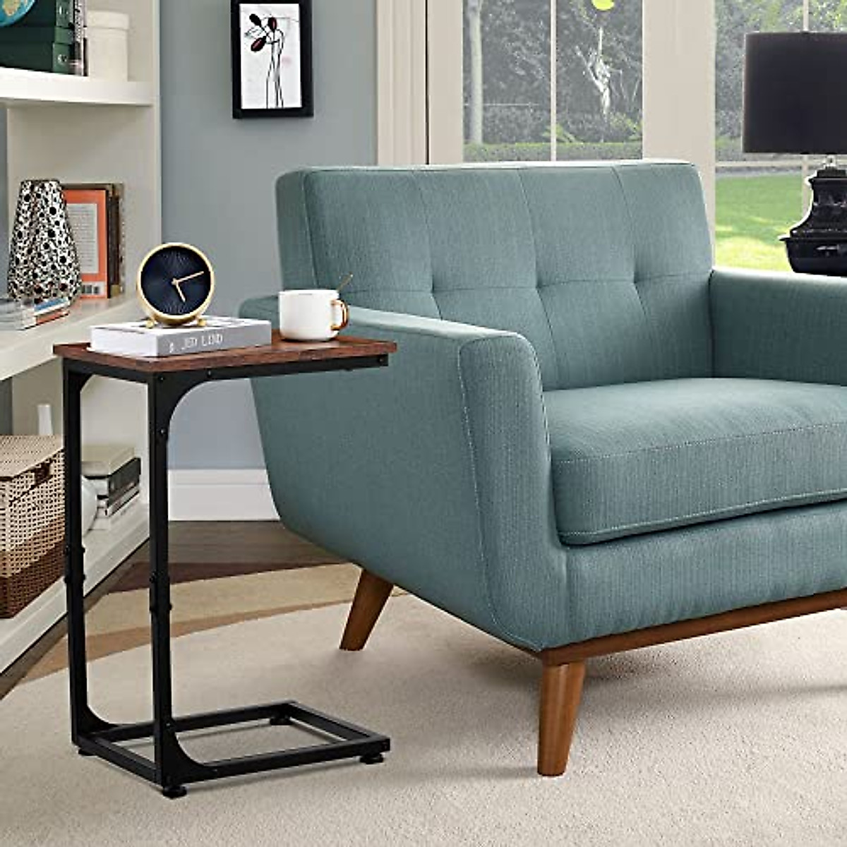 BETTAHOME C Shaped End Table, Side Table, for Couch, Bed, Chair, Living Room, Bedroom, Slides Under Sofa, Tray for Snack, Laptop, TV Dinner, Rustic Brown and Black BT001A